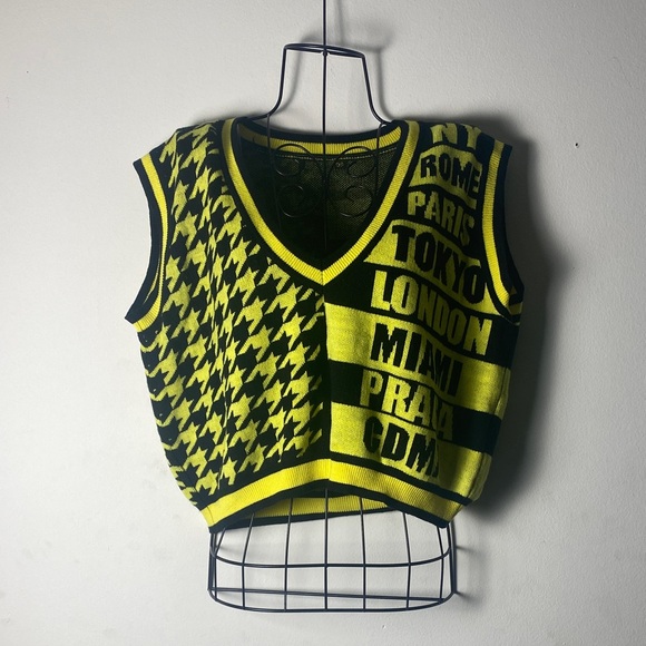 Temu | Tops | Yellow And Black Graphic Knit Vest | Poshmark